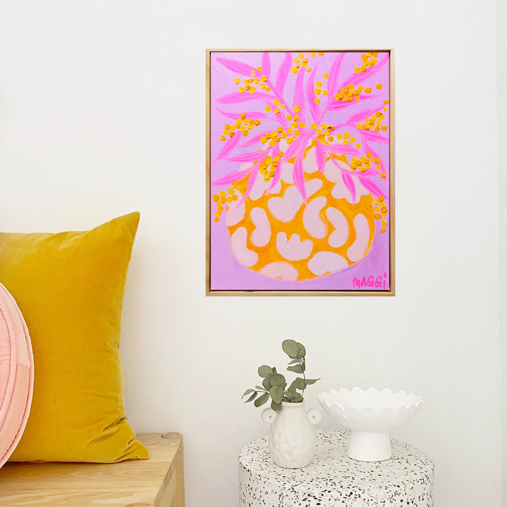 Wonky Pot With Wattle On Pink – Maggi McDonald